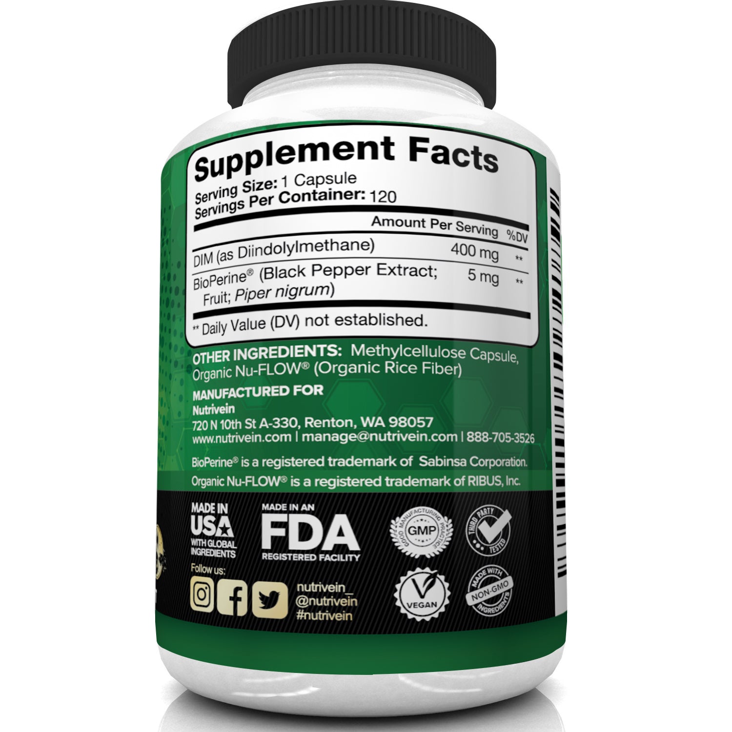 DIM Supplement 400mg Diindolylmethane Plus Bioperine - 120 Capsules ...